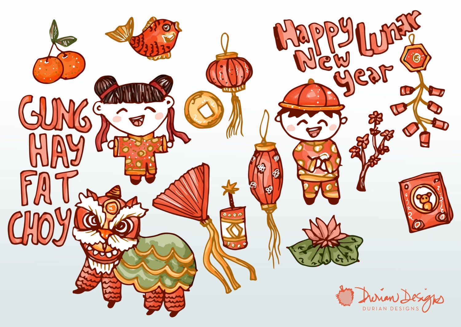 SALE Chinese New Year Hand Drawn Clipart Commercial Use, Lunar New Year ...