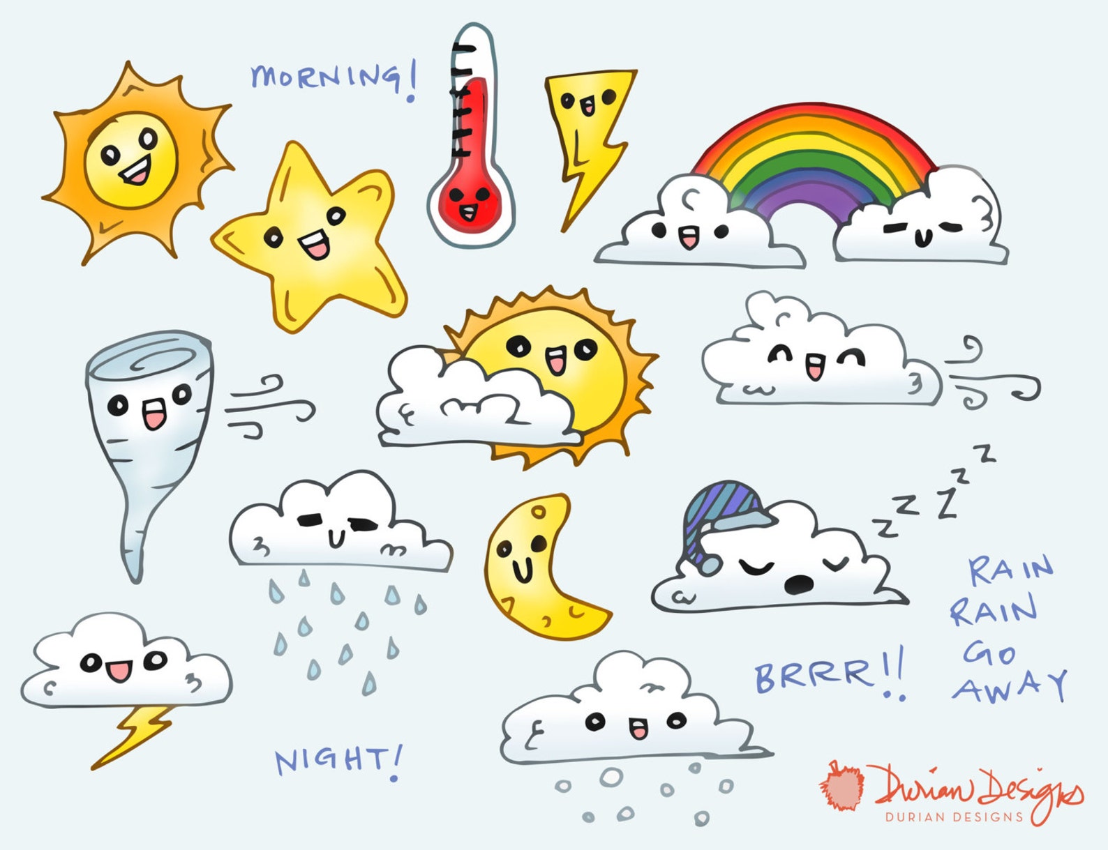 Cute Weather Clipart Commercial Use, Rainbow Wind Lightning Moon ...