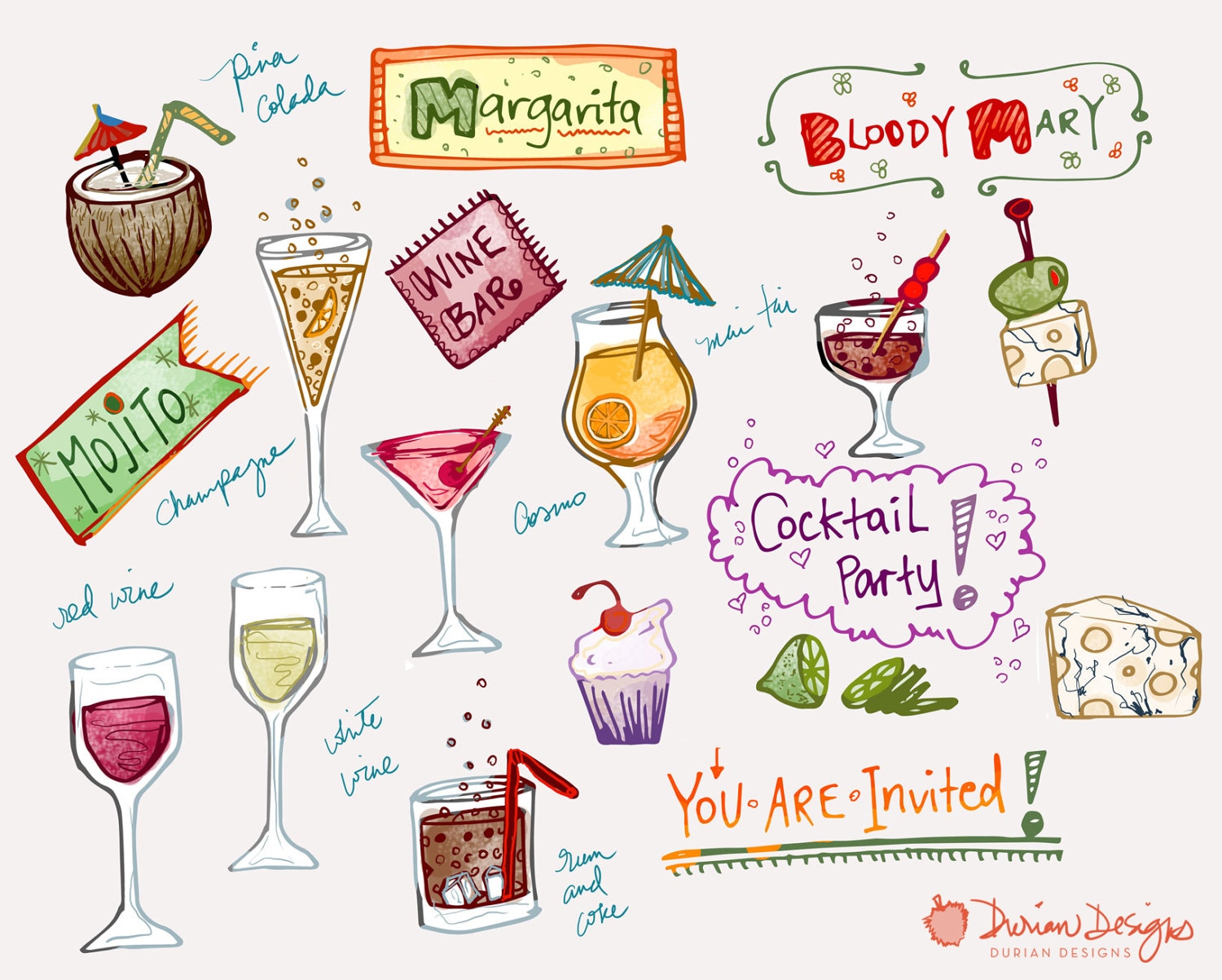 Festive Cocktail Party Clipart Commercial Use, Wine Bar, Hand Drawn ...
