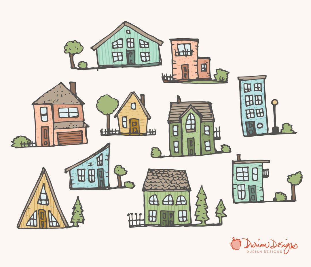 Cute Houses Clipart Commercial Use, Homes Pastel Trees Neighborhood ...