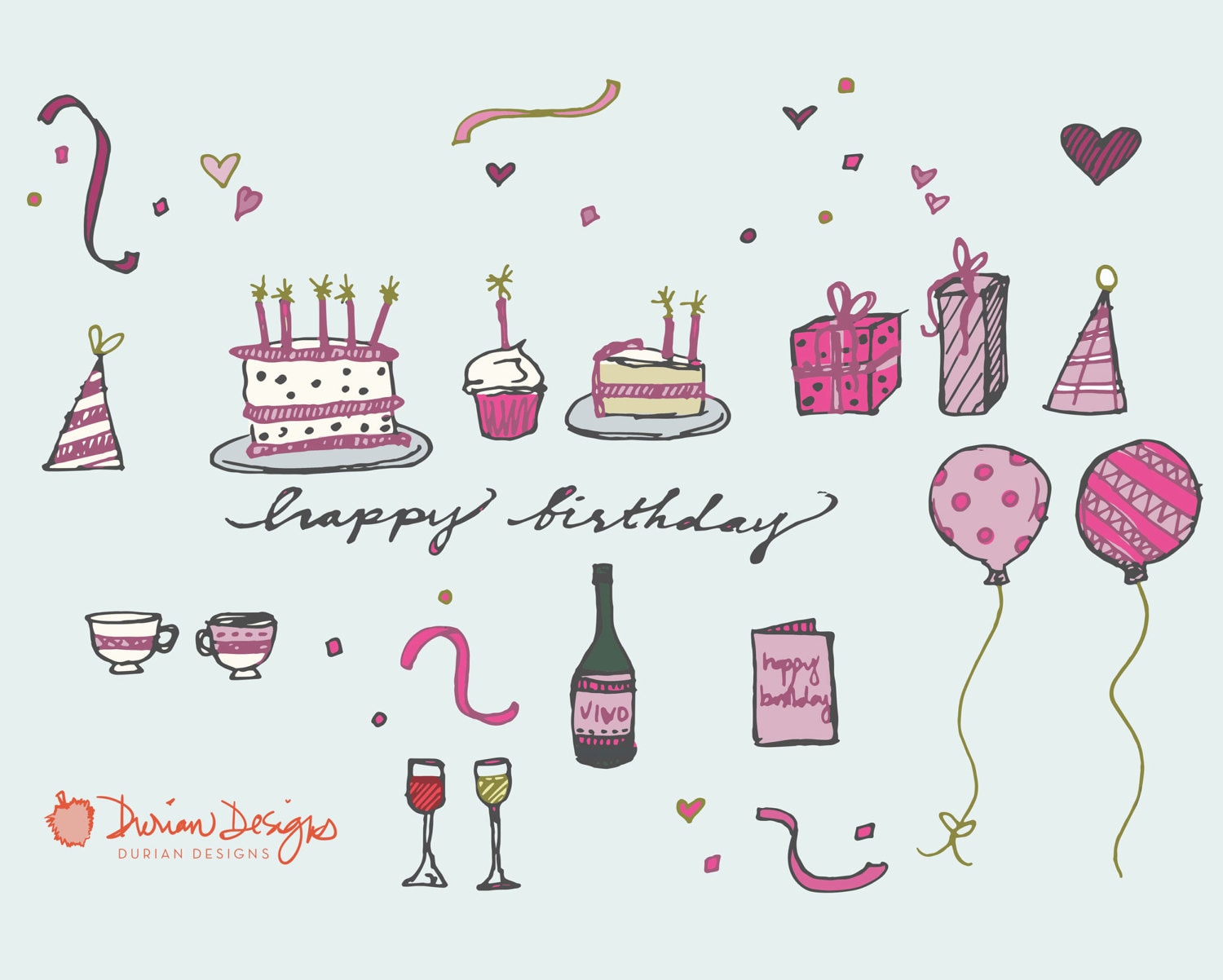 Birthday Party Elegant Pink and Cream Clipart, Birthday Cake Doodles ...