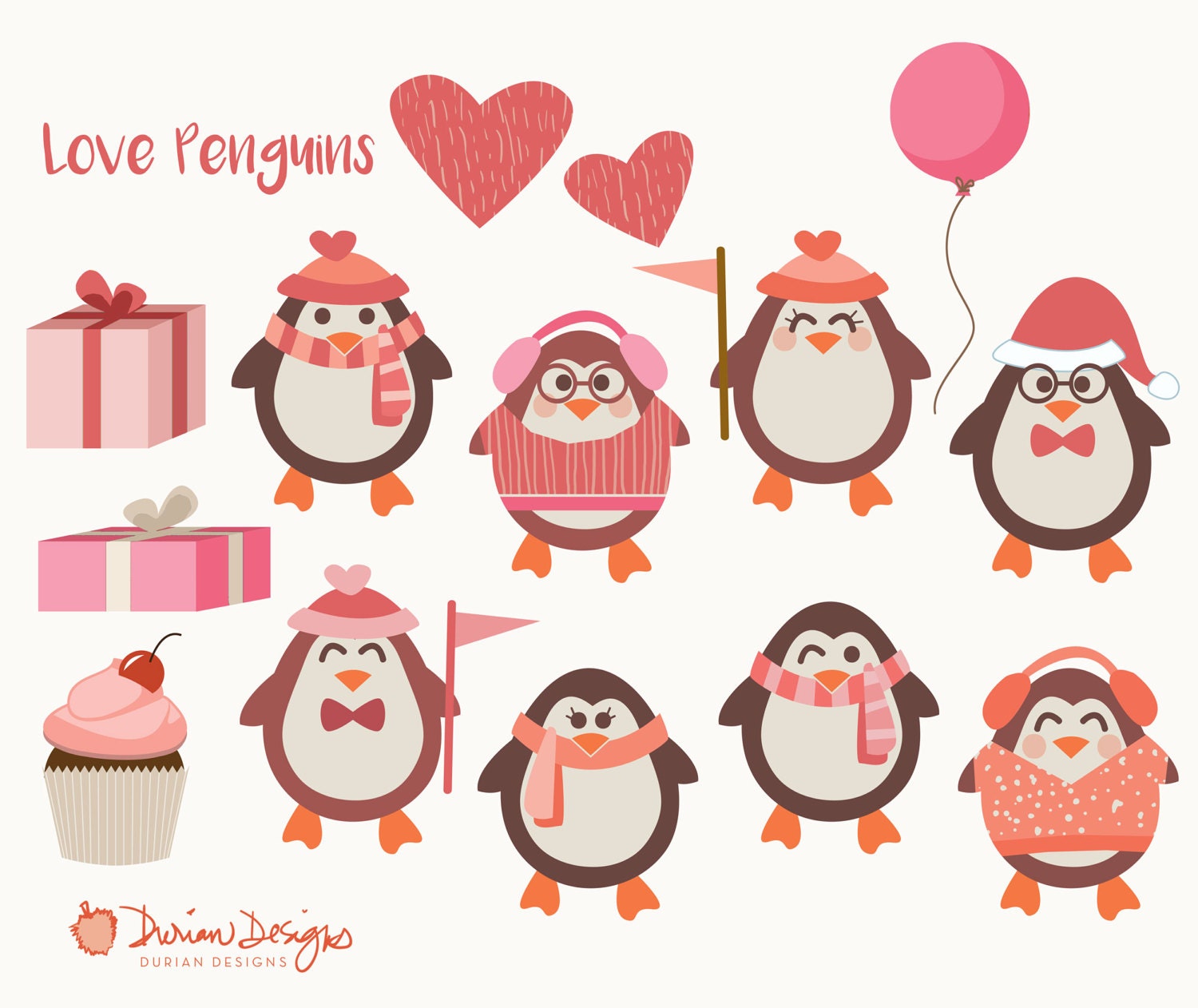 Love Penguins Clip Art Commercial Use, Valentines Snow Scarves and Hats ...