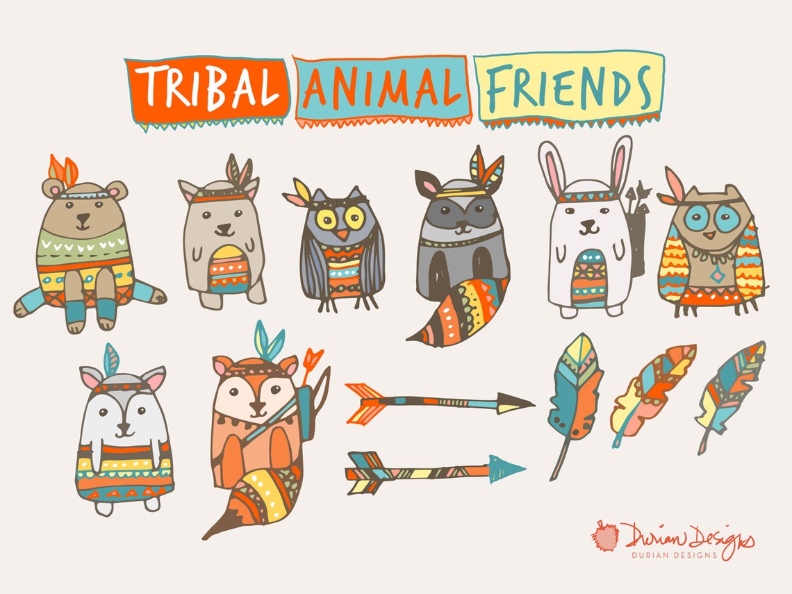 Tribal Woodland Animals Clipart Commercial Use, Fox Rabbit Porcupine ...