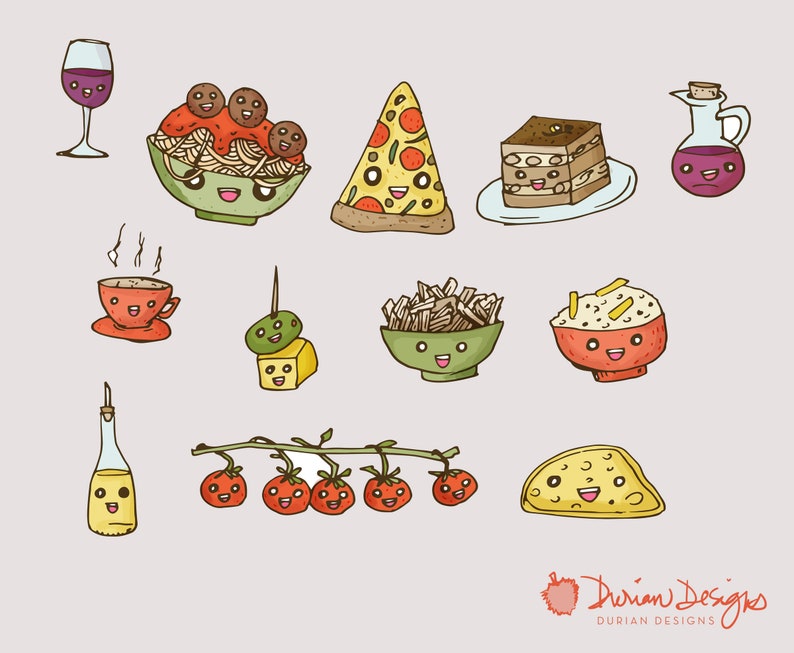 Cute Italiaans eten clipart commercieel gebruik, met de hand getekend ...
