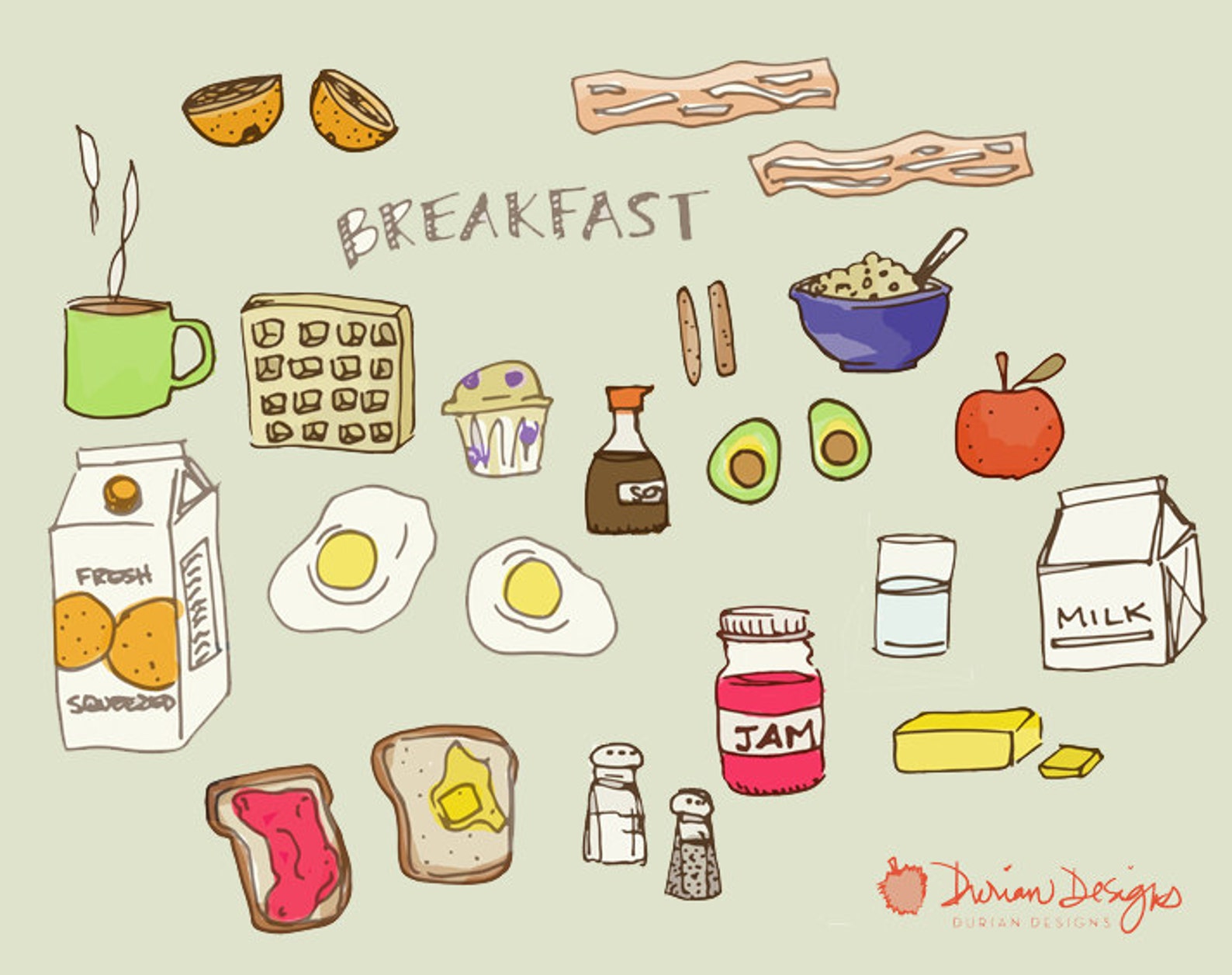 Breakfast Food Clip Art Commercial Use, Bacon, Toast, Jam, Orange Juice ...