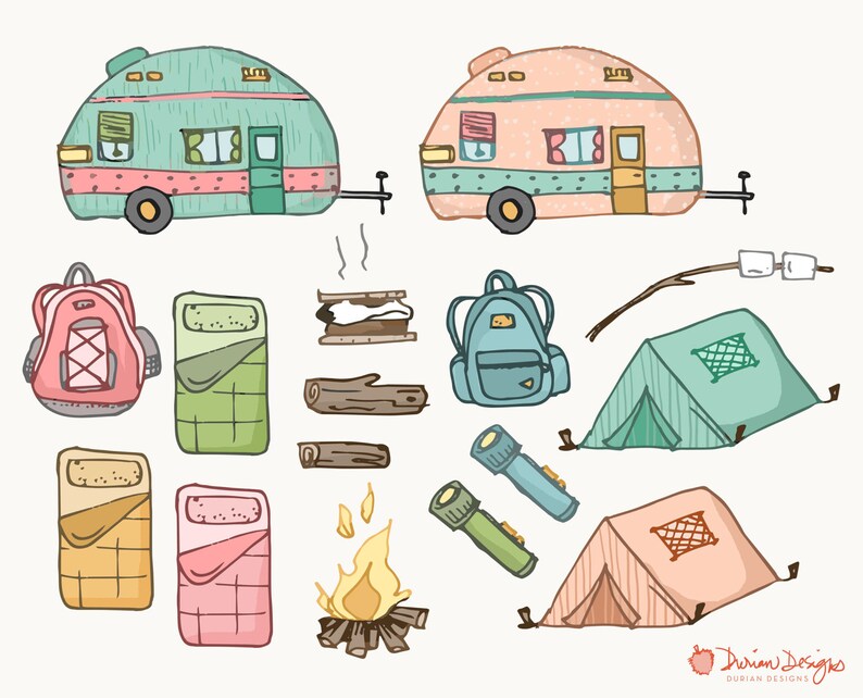 Camping Clipart Commercial Use, Trailer Motorhome Fire S'mores Tent ...
