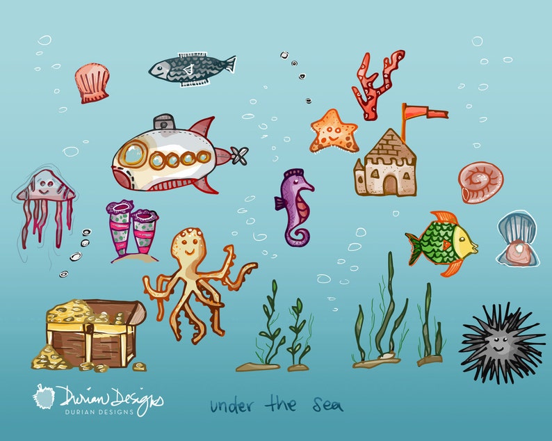 Under the Sea Cute Clipart Commercial Use, Submarine, Buried Treasure ...