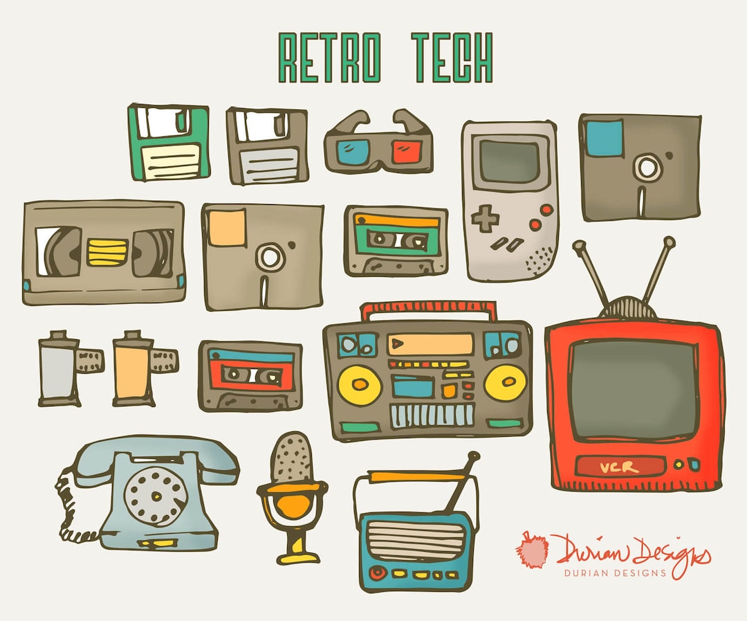 Retro Tech Clipart Commercial Use, 90s Technology, TV, Vcr, Rotary ...
