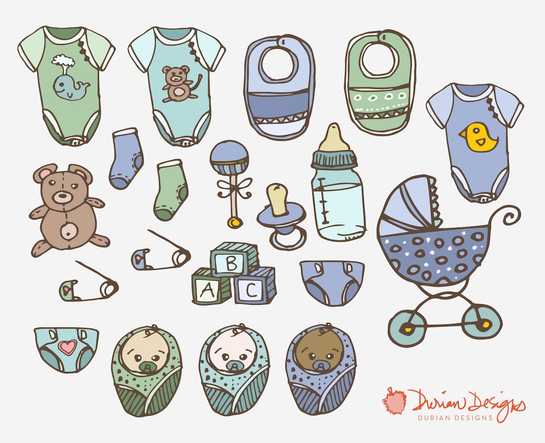 Baby Boys Clipart Commercial Use, Blue Green Doodle Bibs Onesie ...