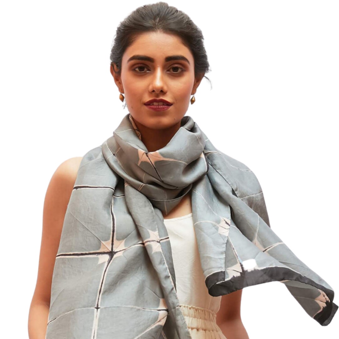 Handmade Long Shibori Silk Scarf, Floaty Silver Grey Silk Scarf Wrap ...