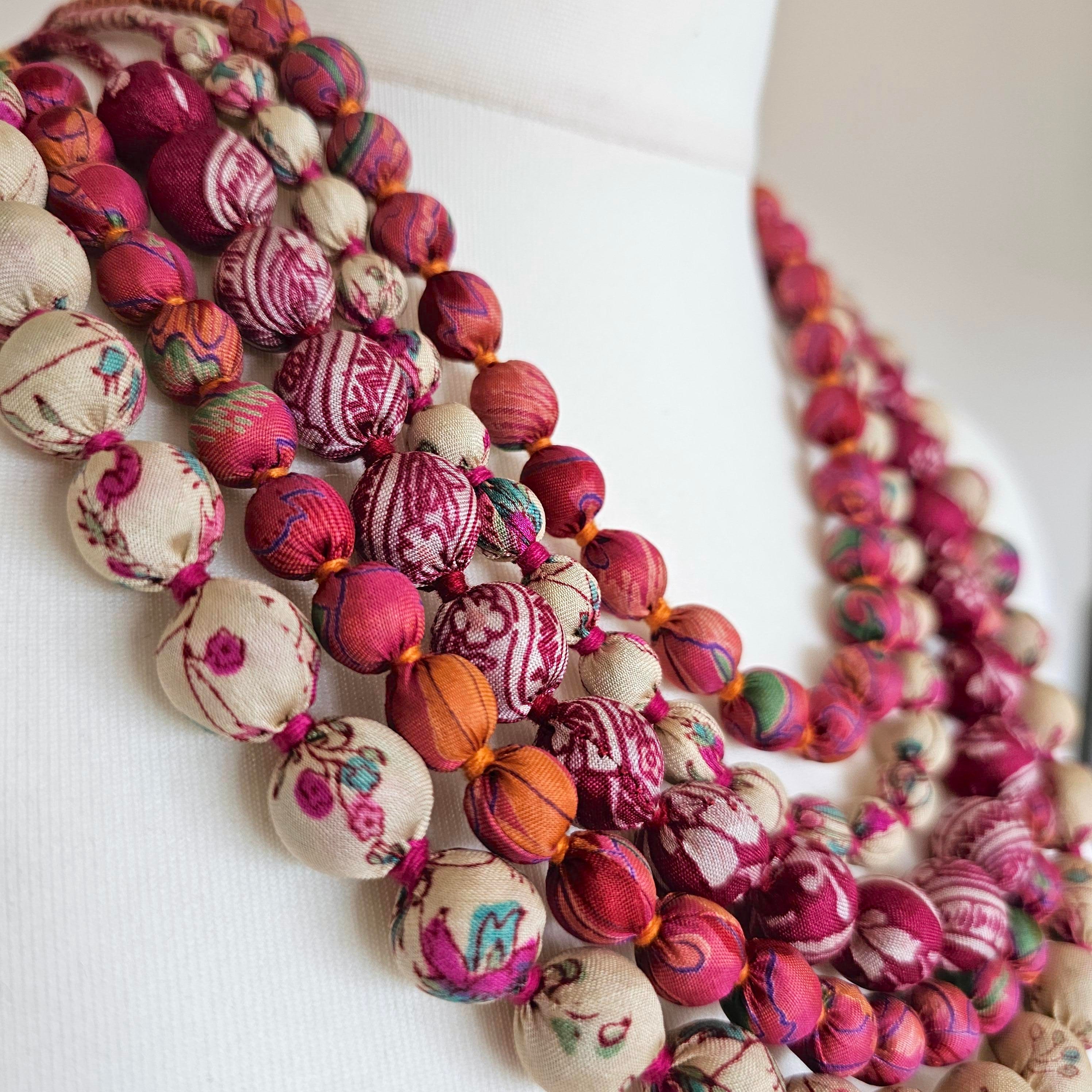 Bright Recycled Sari Silk Bead Fabric Necklace, Colourful Summer Sari ...