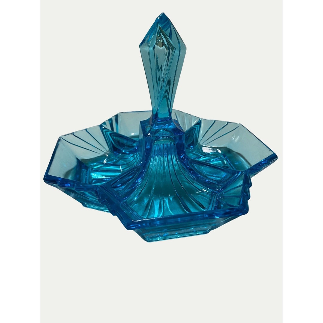 Vtg Indiana Glass Blue Pyramid Handled Jewelry Trinket Relish Dish Tray ...