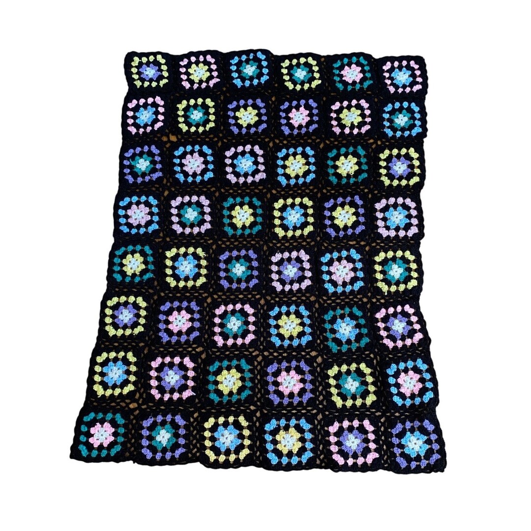Vtg Handmade Multicolor Granny Square Crochet Afghan Throw Lap Blanket ...