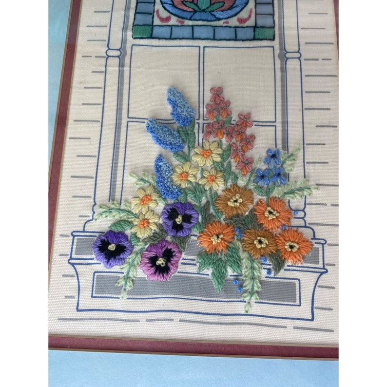 Vtg Victorian Window Box Crewel Needlepoint Embroidery 1980s Framed - Etsy