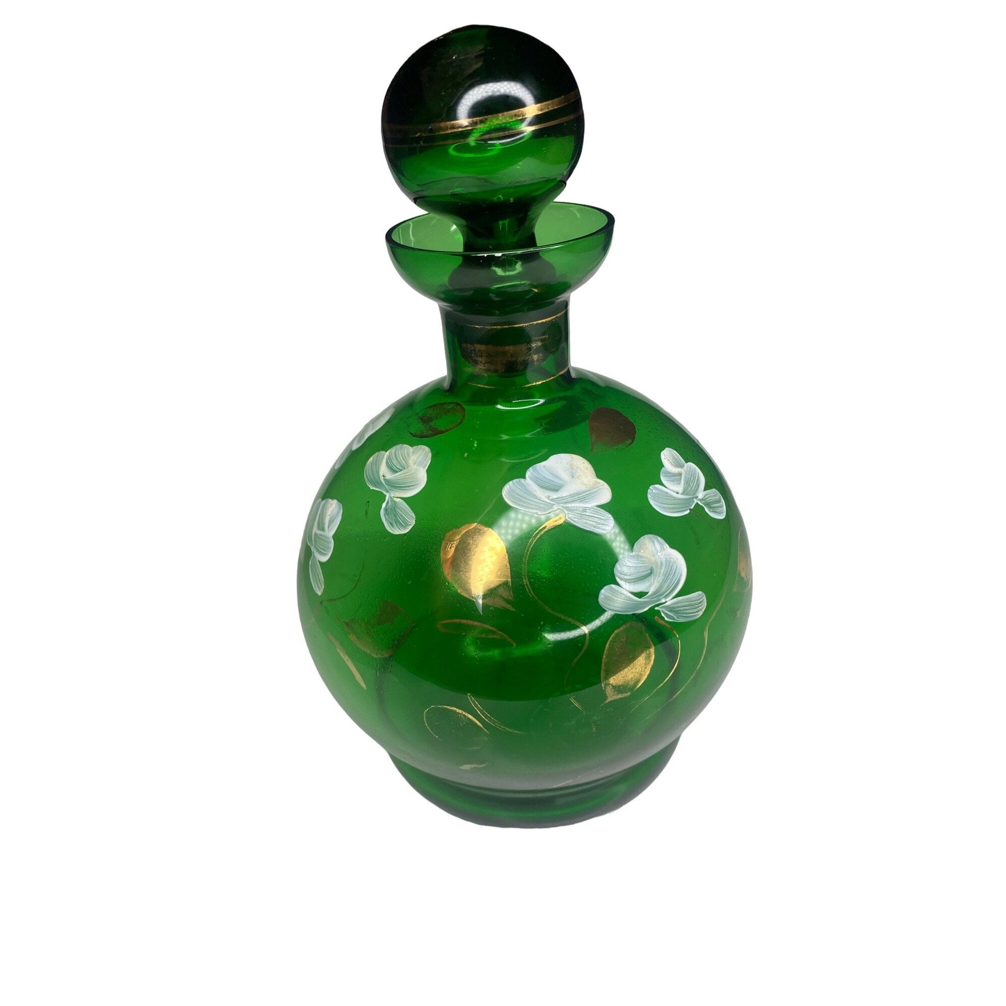 Antique Hand Painted Green Glass Decanter - Etsy