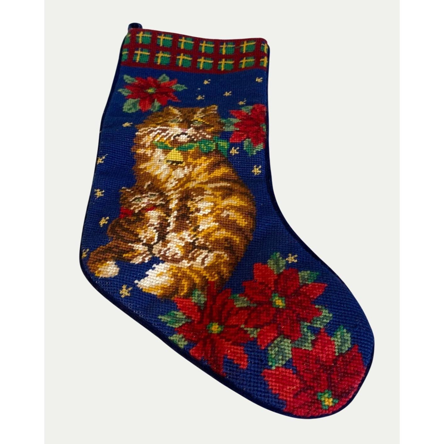 Vintage Needlepoint Tabby Cat Stocking With Poisettias - Etsy