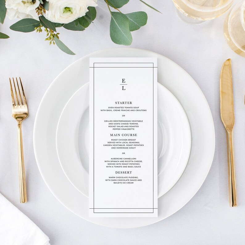 Classic wedding menu template Modern menu printable | Etsy