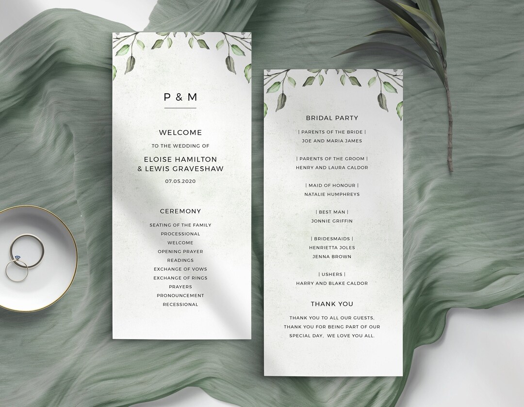 Greenery Wedding Program Template - Rustic Wedding Ceremony Program ...