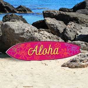 Aloha Surfboard Wall Art: Fuchsia PVC Beach Decor, Coastal Sign - Etsy