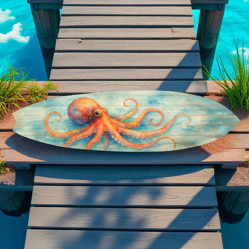 Octopus Surfboard Wall Art – Coastal Nautical Decor, PVC Outdoor Beach ...