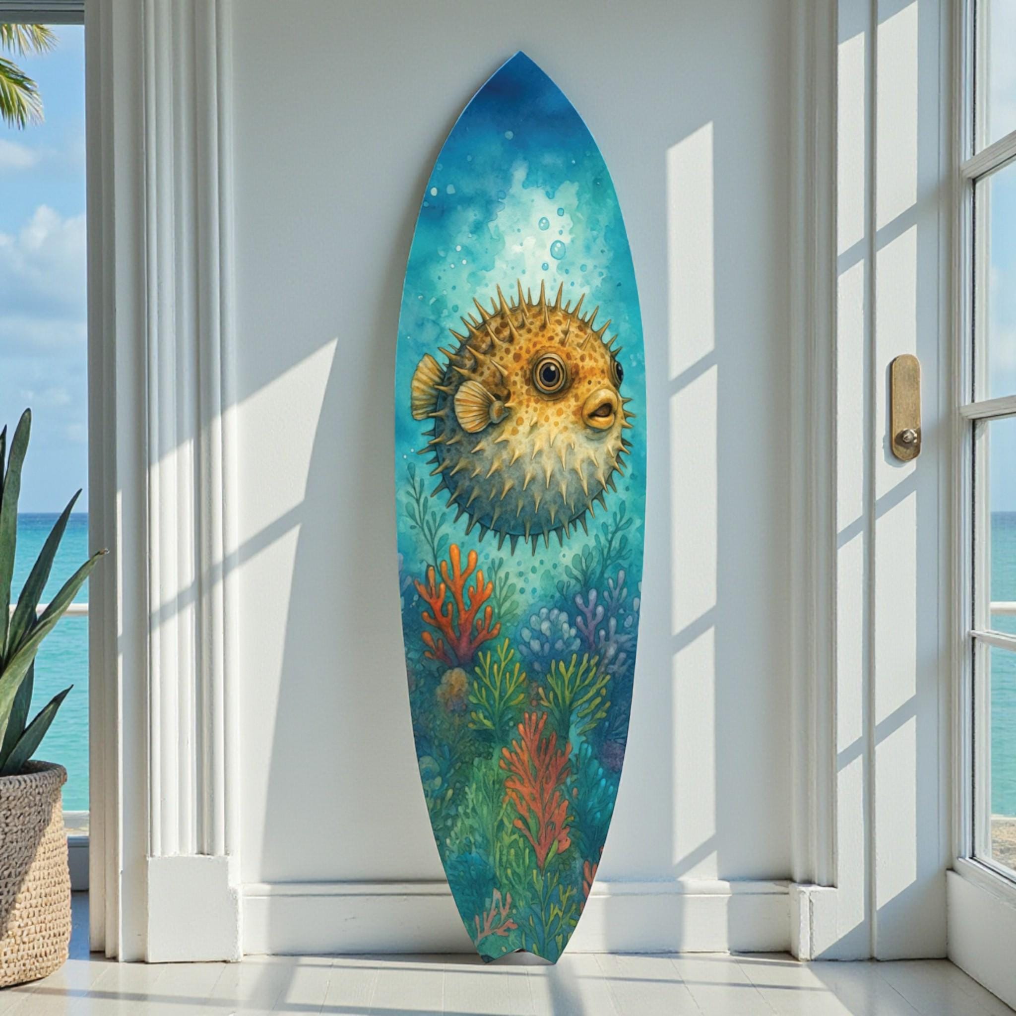 Pufferfish Surfboard Wall Art, Coastal Beach House Decor, Outdoor PVC ...