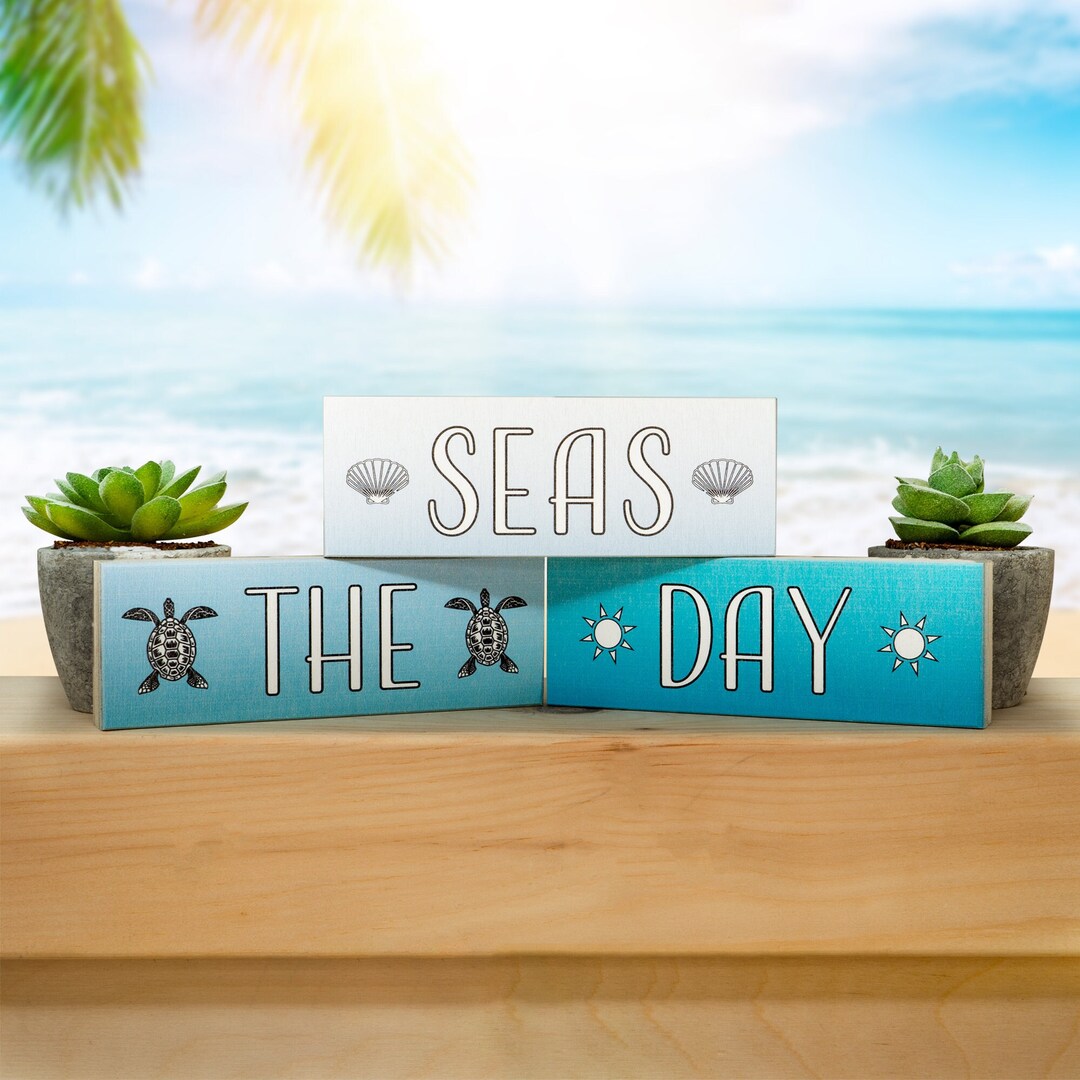 Seas the Day Wooden Sign Block Set, Coastal Tiered Tray Decor, Nautical ...