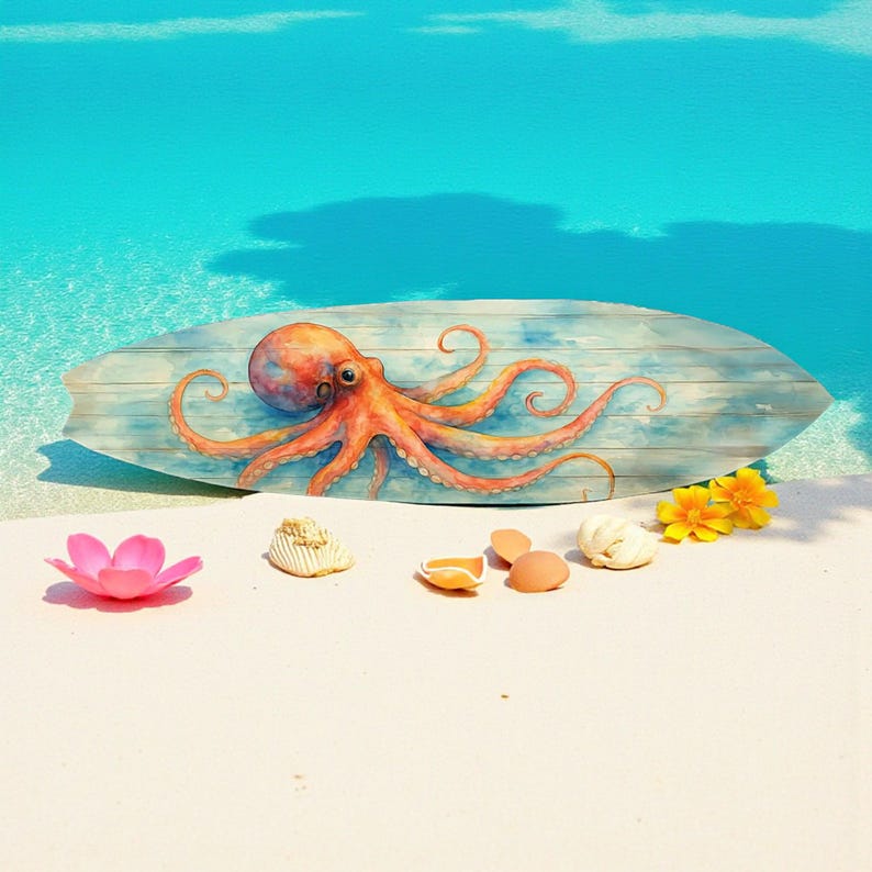 Octopus Surfboard Wall Art – Coastal Nautical Decor, PVC Outdoor Beach ...