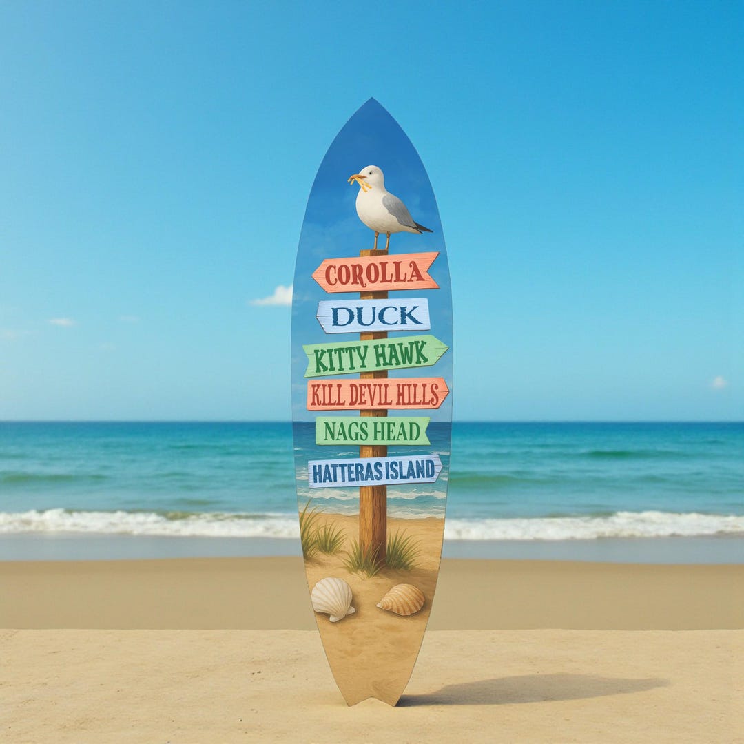 Outer Banks Surfboard Wall Art, Directional Beach Towns Sign, Weather ...