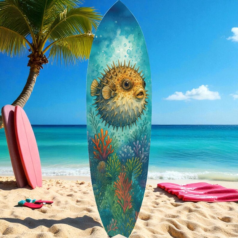 Pufferfish Surfboard Wall Art, Coastal Beach House Decor, Outdoor PVC ...