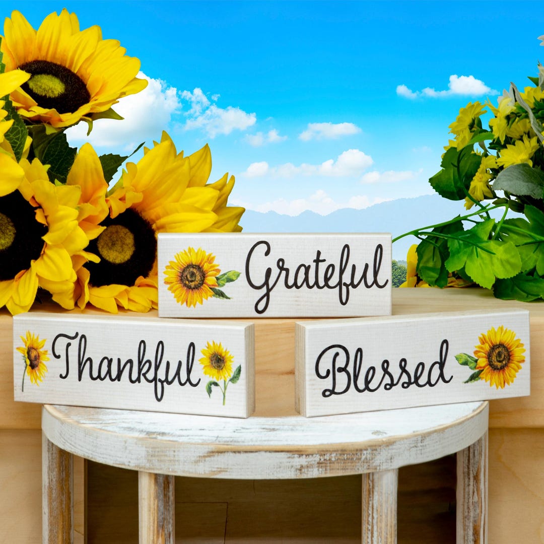 Sunflower Decor: Thankful Grateful Blessed Wooden Block Set - Etsy