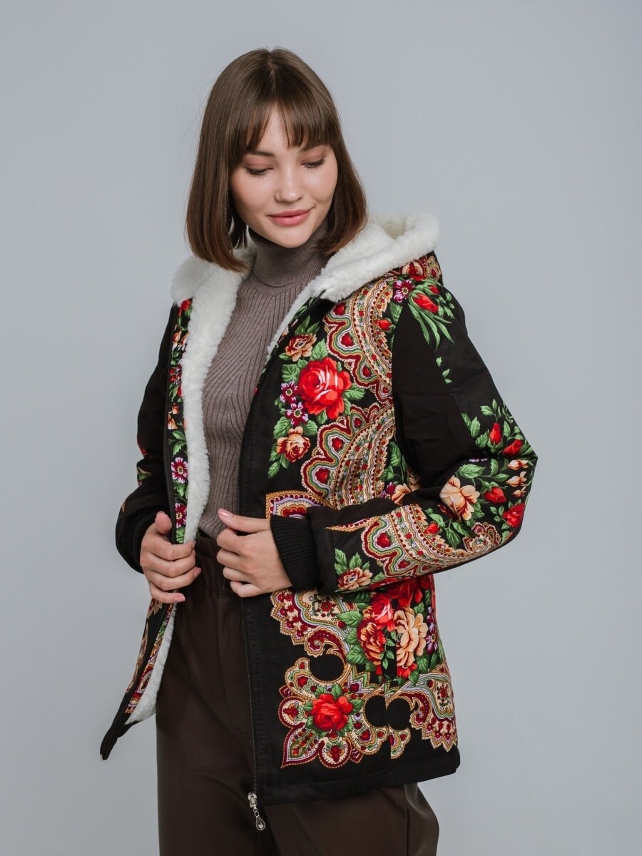 Women's Jacket Coat Russian Ukraine Ethnic Ornaments Faux Fur Acrylic ...