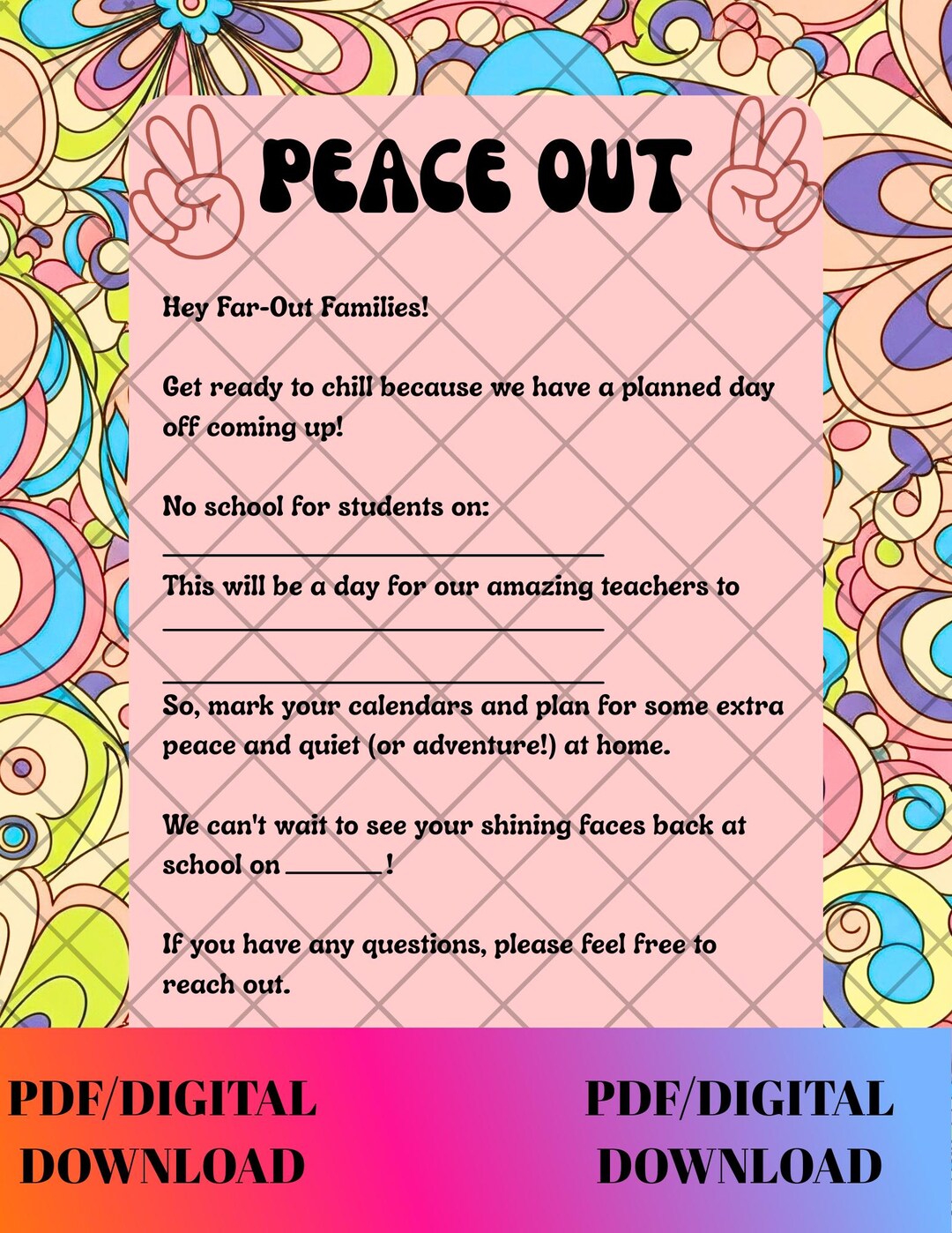 Peace Out School Flyer Template: Groovy Retro No School Day ...