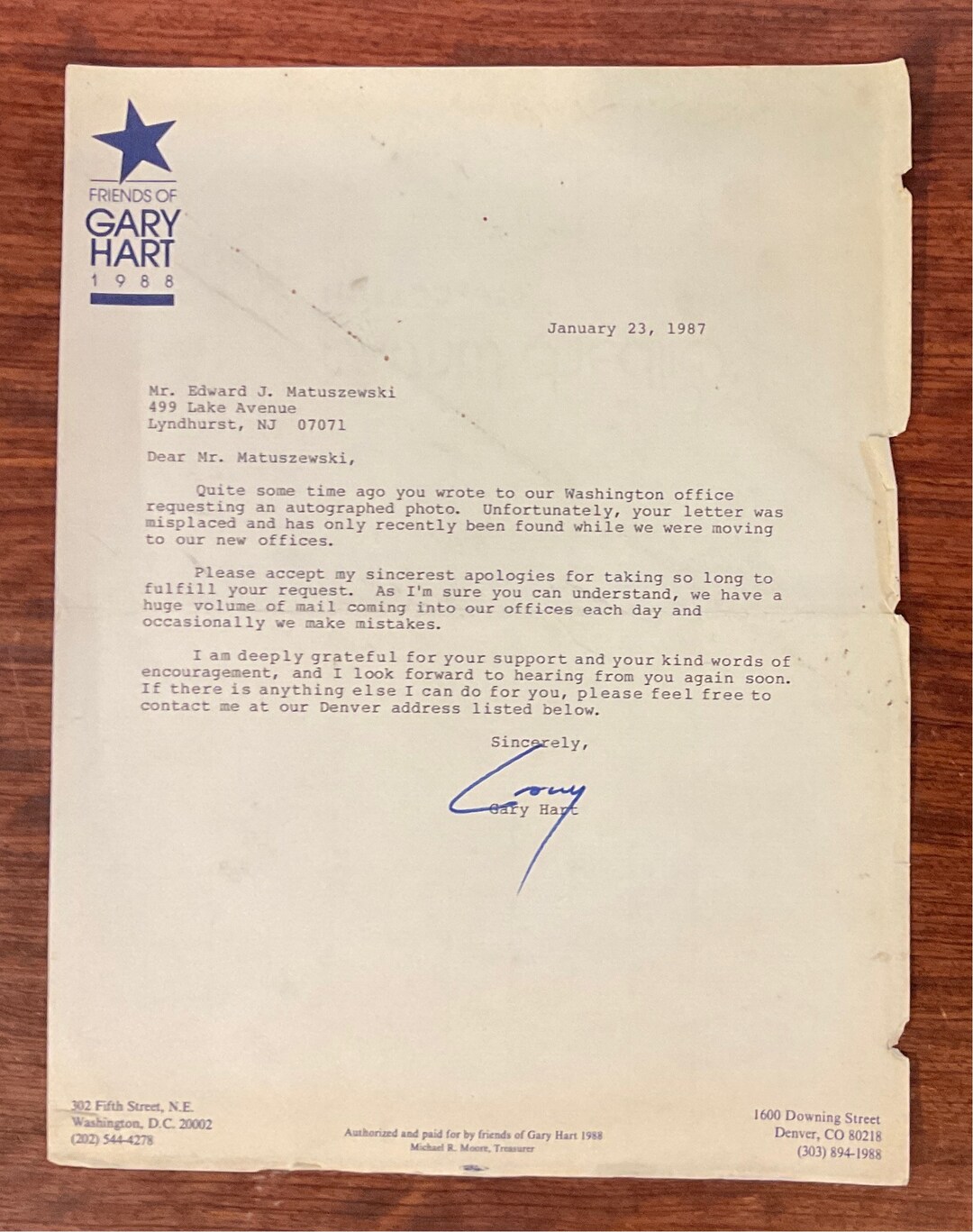 Gary Hart 1988 Presidential Campaign Hand Signed Autographed 8"x10 ...
