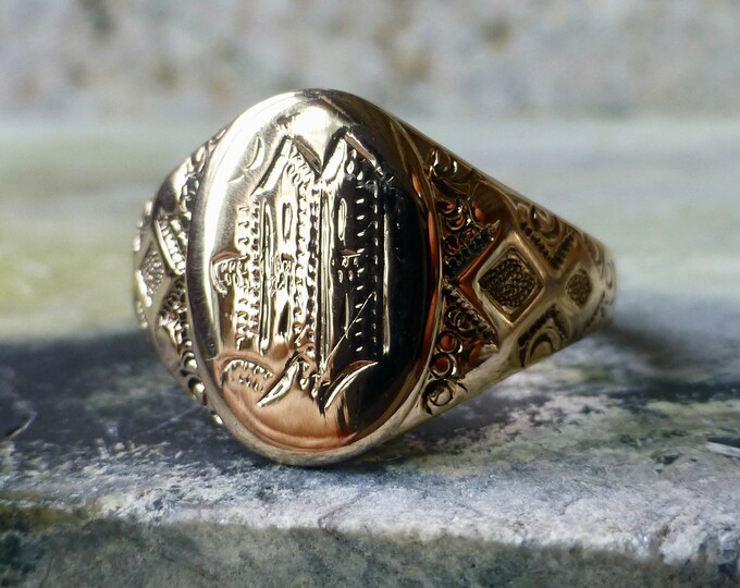 Size 9 1/2, Edwardian Letter M Signet Ring in 10 Karat Gold by Otsby ...