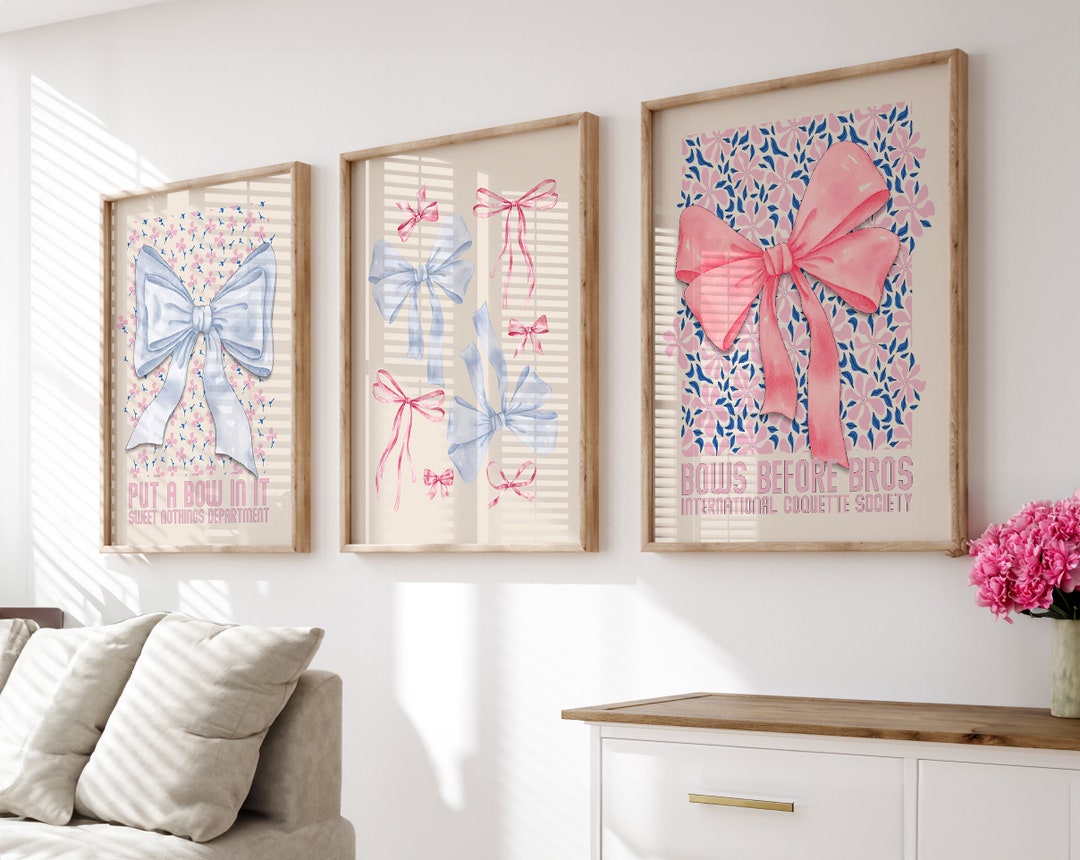Preppy Pink Bow Prints, Trendy Wall Art, Couqette Girly Decor, College ...