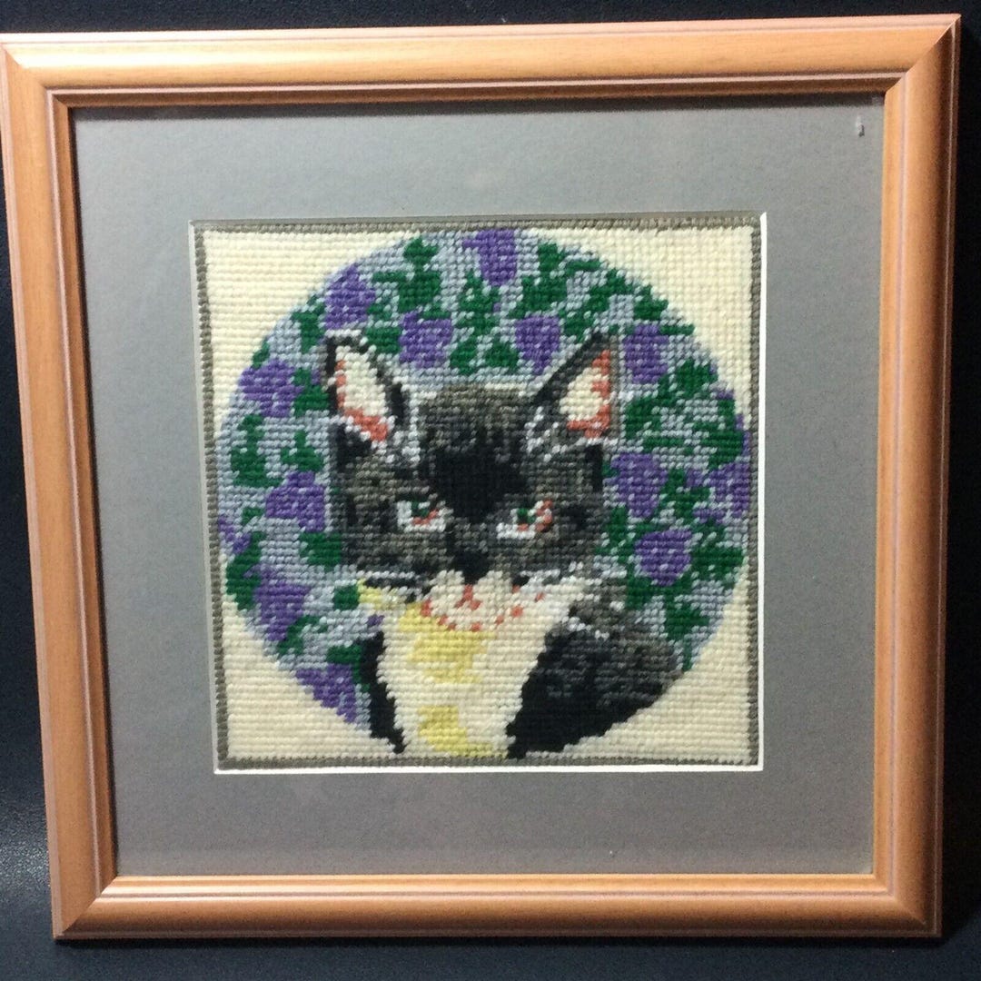 Vintage Cross Stitch Needlepoint Cat Kitten Wooden Frame Wall Hanging ...