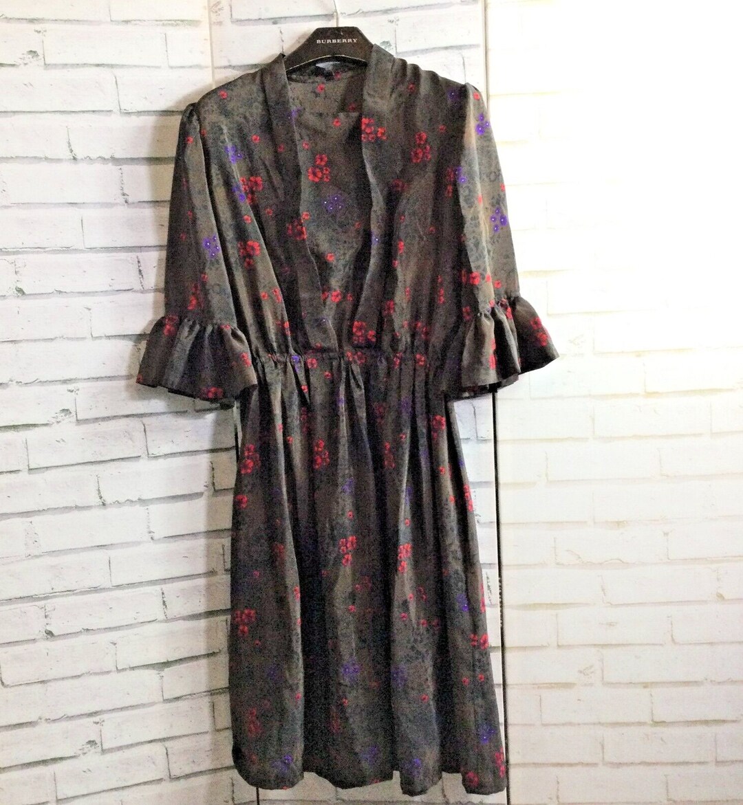 80s Vintage Secretary Geek Midi Green Multi Colour Dress Long Sleeves ...