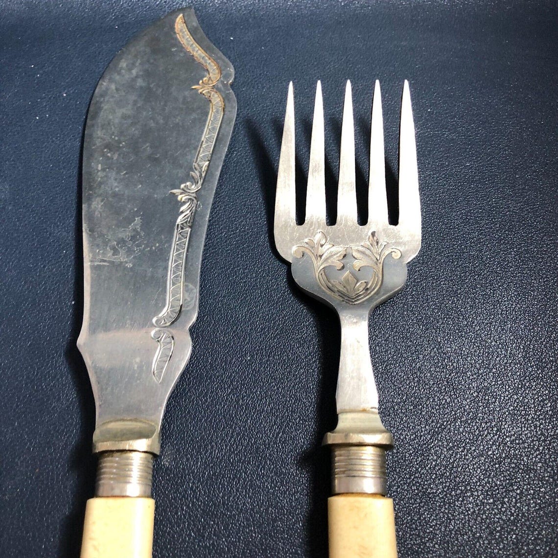 Vintage Retro Stainless Nickel Fish Cutlery Serving Set Bone Handle - Etsy