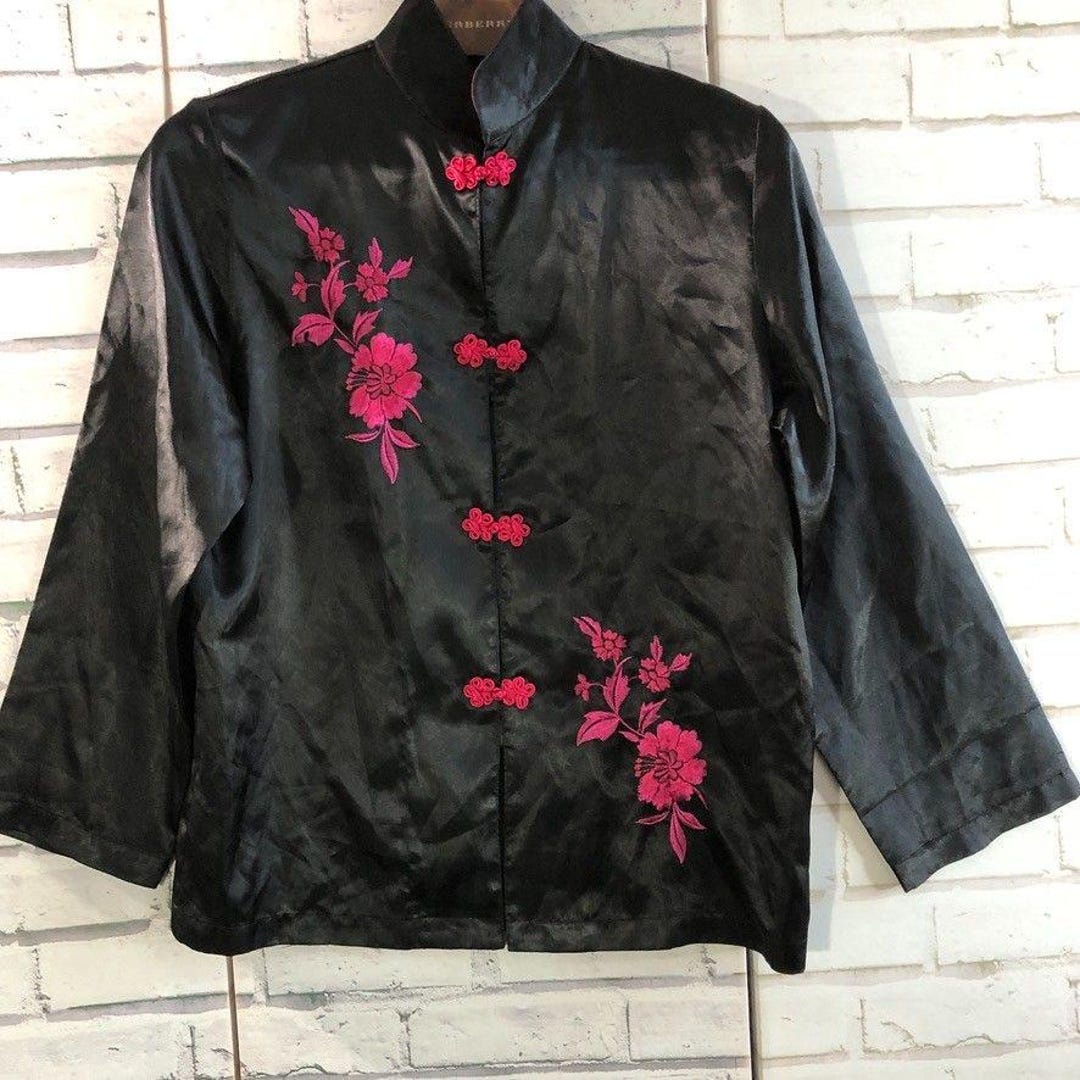 Vintage Oriental Chinese Satin Embroidered Jacket Black Pink Flowers ...