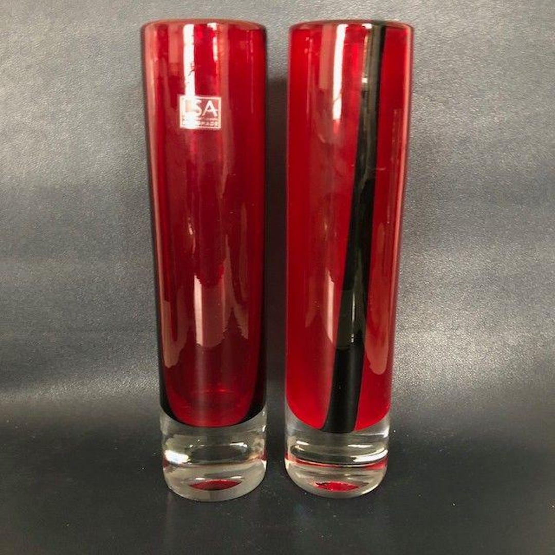 LSA International Red Glass Cylinder Vases Pair Modern Handmade Heavy ...