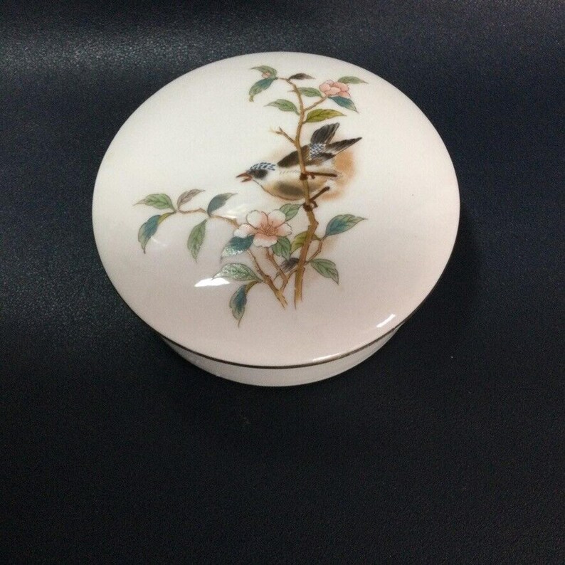 Vintage Medium Round Trinket Box White Lid Bird Blossom Made in Japan ...