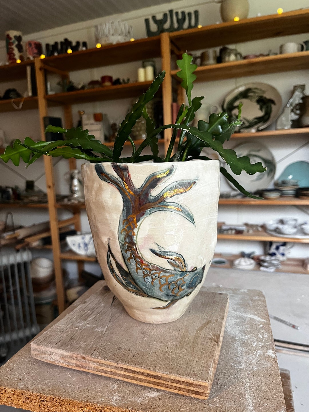 Hand Made Ceramic Planter or Vase, Hand Painted Koi Vase, Hand Built ...