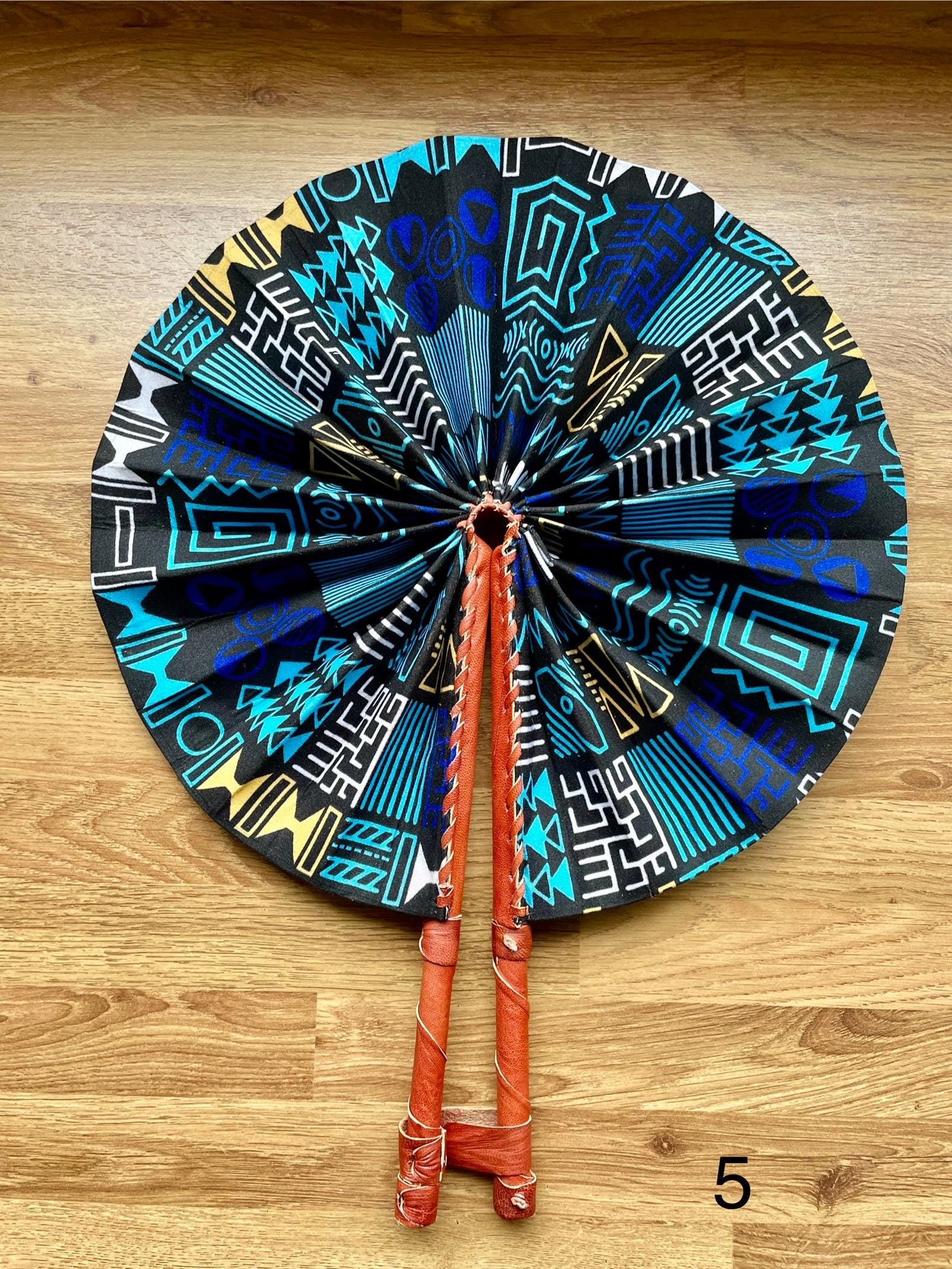 African Print Folding Fan | Handmade Leather Accent, Ankara Fabric - Etsy