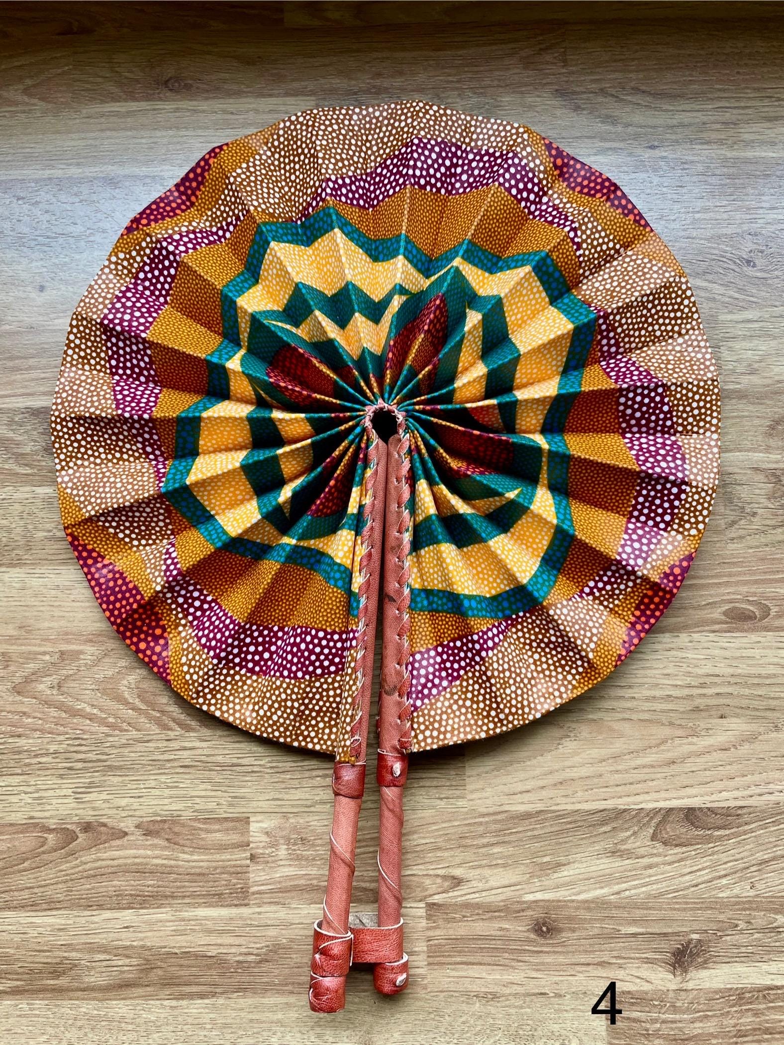 African Print Folding Fan | Handmade Leather Accent, Ankara Fabric - Etsy