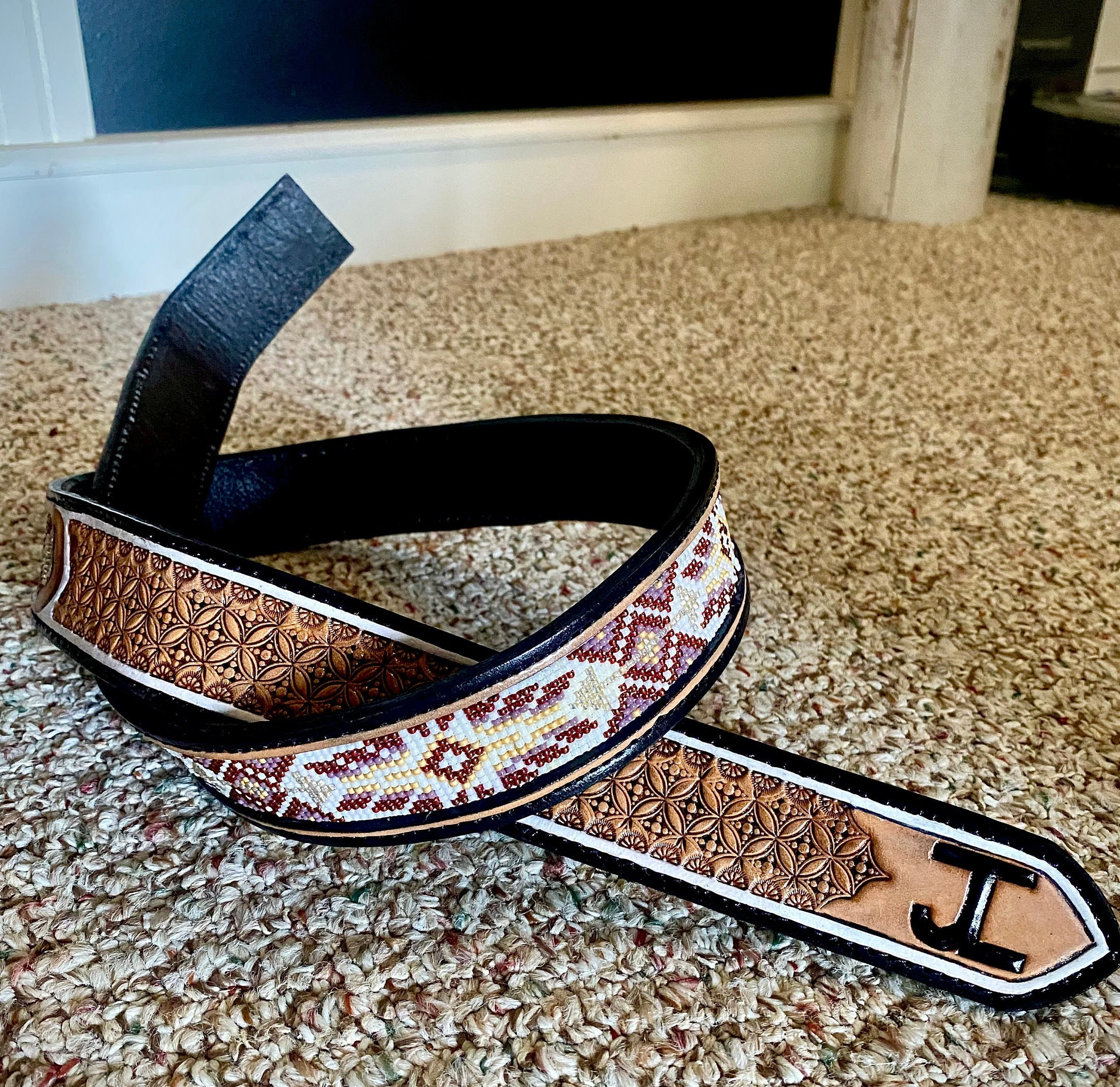 Custom Beaded Hand Tooled Geometric Stamped Leather Belt - Etsy