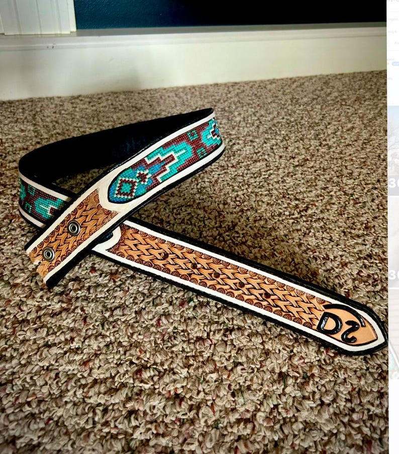 Custom Beaded Hand Tooled Geometric Stamped Leather Belt - Etsy