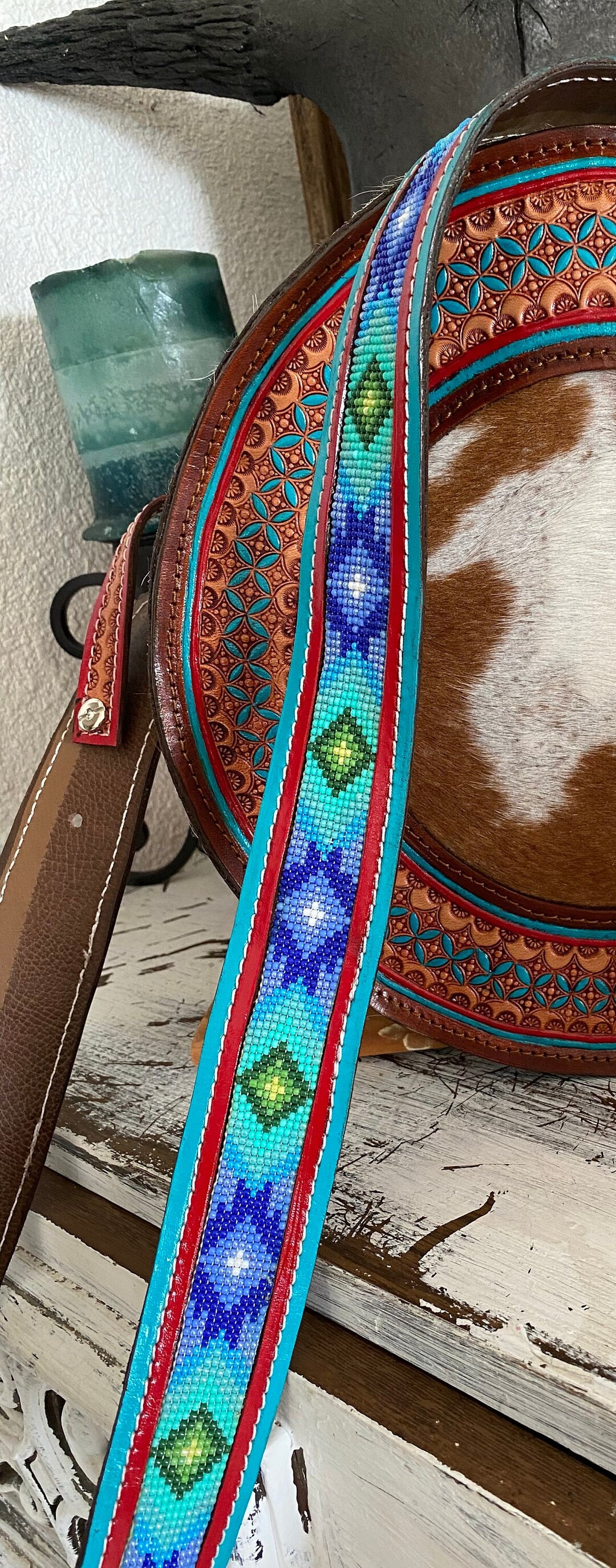 Custom Beaded Hand Tooled Full-floral Carved Leather Strap - Etsy