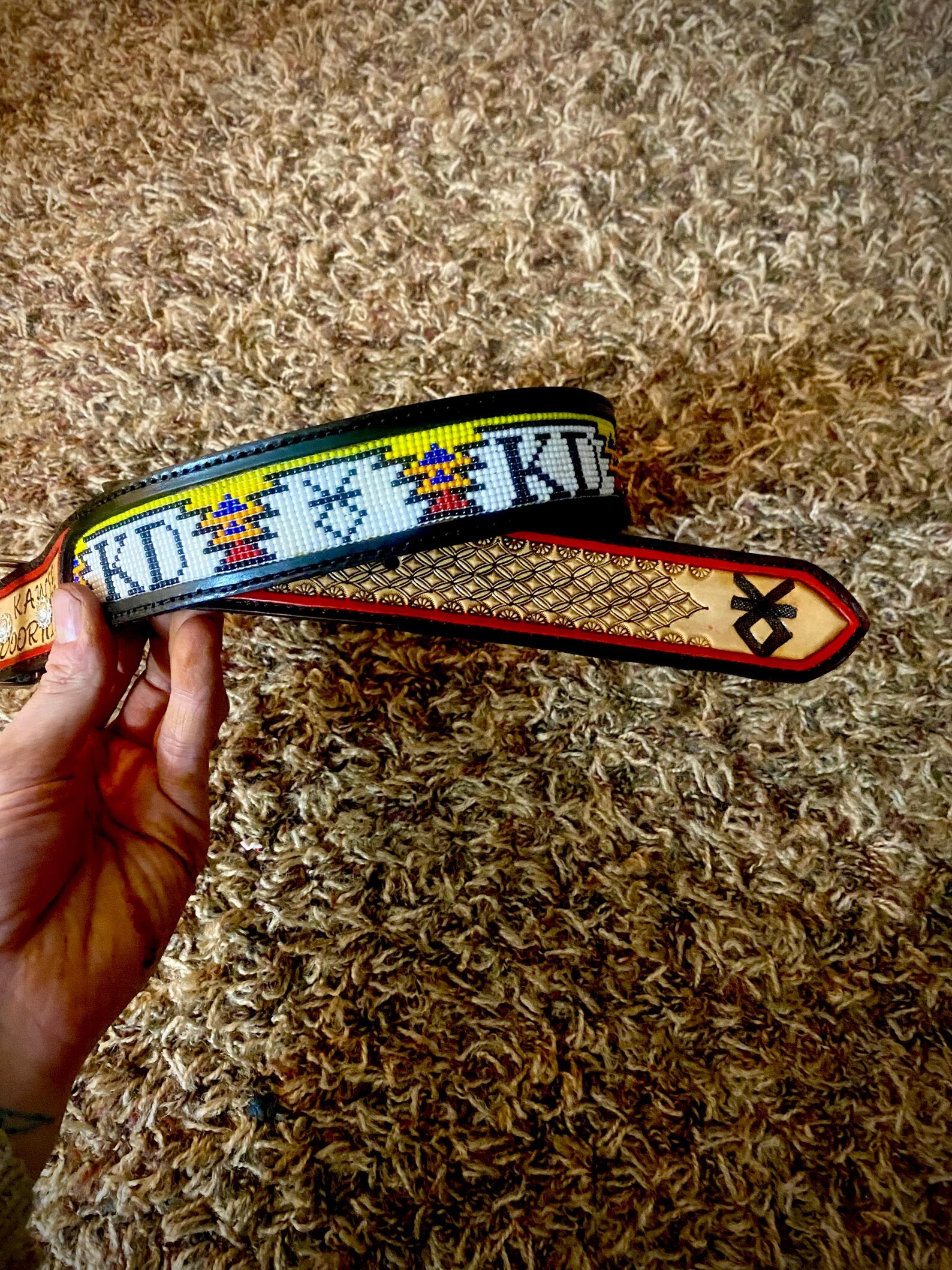Custom Beaded Hand Tooled Geometric Stamped Leather Belt - Etsy