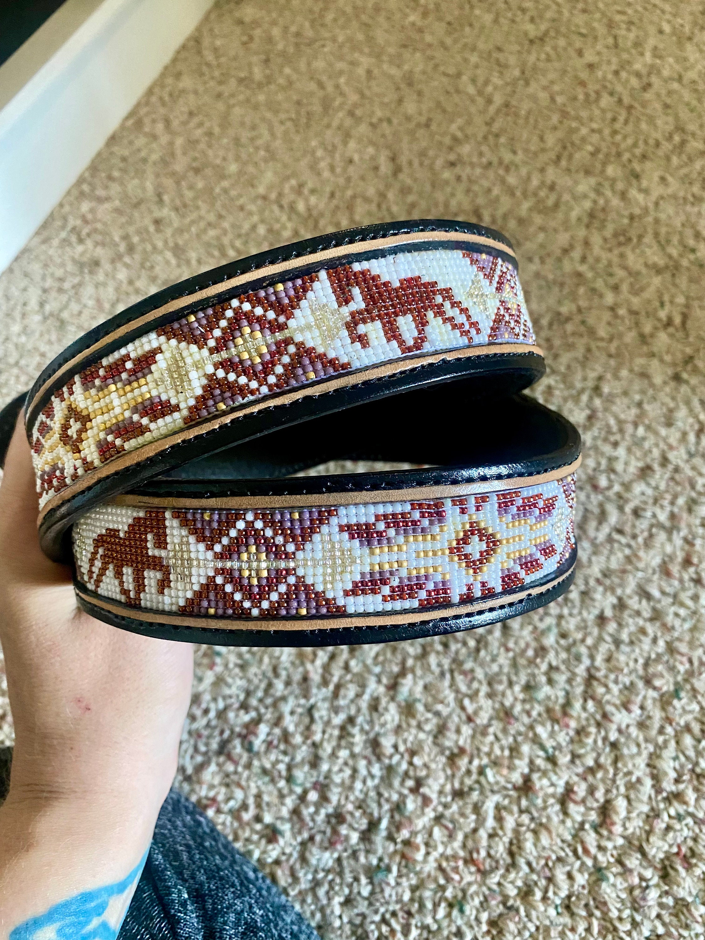 Custom Beaded Hand Tooled Geometric Stamped Leather Belt - Etsy