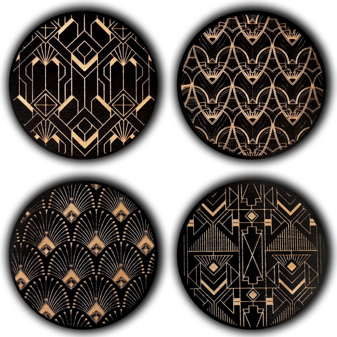 Art Deco Wooden Coaster Set With Laser Cut Engraving Modern Ornament ...